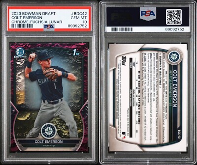 COLT EMERSON PSA 10 2023 BOWMAN CHROME DRAFT FUCHSIA LUNAR REFRACTOR 81 ...