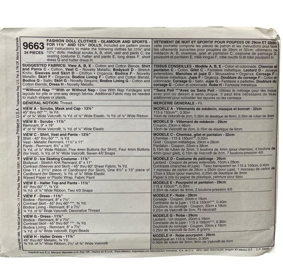 McCALL'S 9663 Fashion Doll Clothes Pattern for 11½"-12½" Dolls FF UNCUT ...