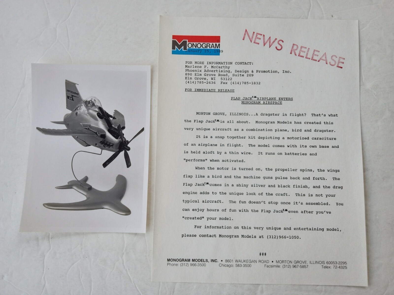 1989 Monogram Toy Fair PRESS RELEASE New Motorized Flap Jack Airplane ...