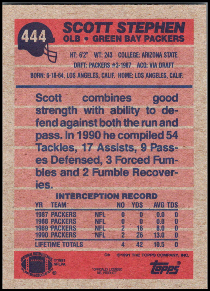 1991 Topps #444 Scott Stephen - Rookie RC FREE SHIPPING! | eBay