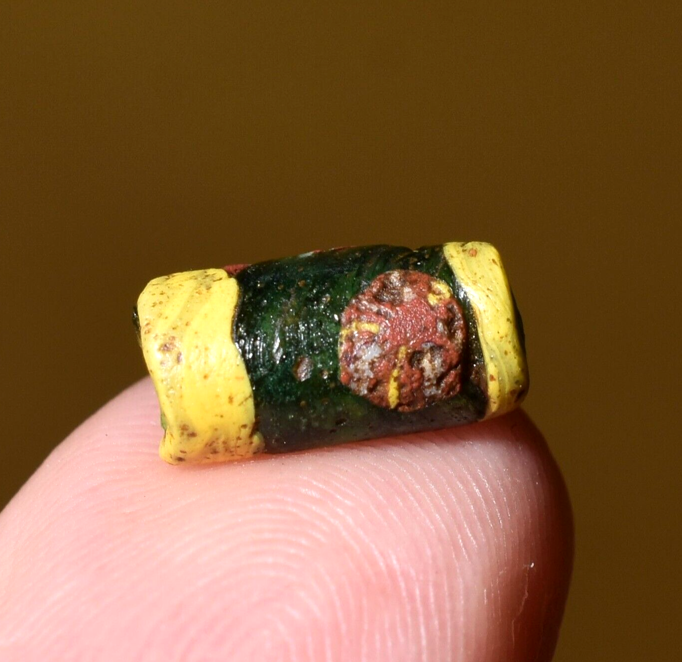Ancient Dark Green Wound Bead Yellow End Stripes Cane Inserts Mali ...