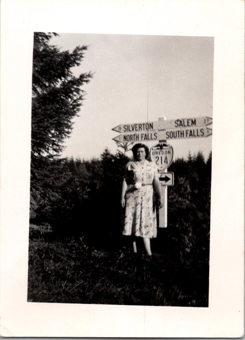 Vtg 1940s-1950s Photo Woman Oregon Highway 214 Road Sign Silverton ...