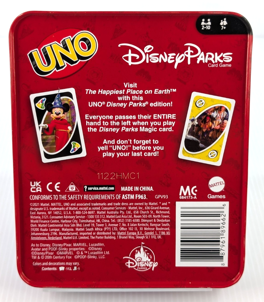 Disney Parks UNO Card Game Tin Container 2-10 Players Ages 7+ Mattel ...