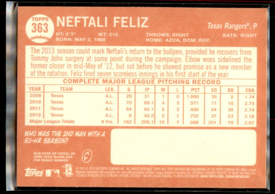 2013 Topps Heritage Neftali Feliz #363 Texas Rangers | eBay