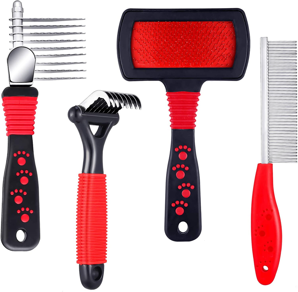 4 Pieces Pet Grooming Kit - Dematting Combs, Slicker Brush, and Steel ...