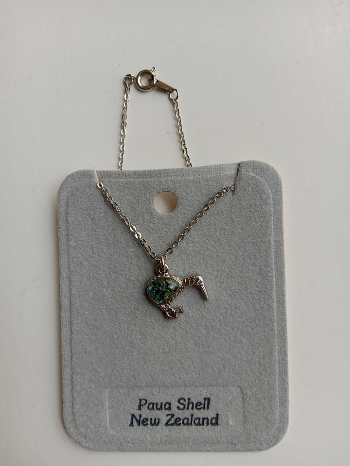 Paua Shell Inlay New Zealand Kiwi Abalone Pendant 18" Silver Tone Chain ...