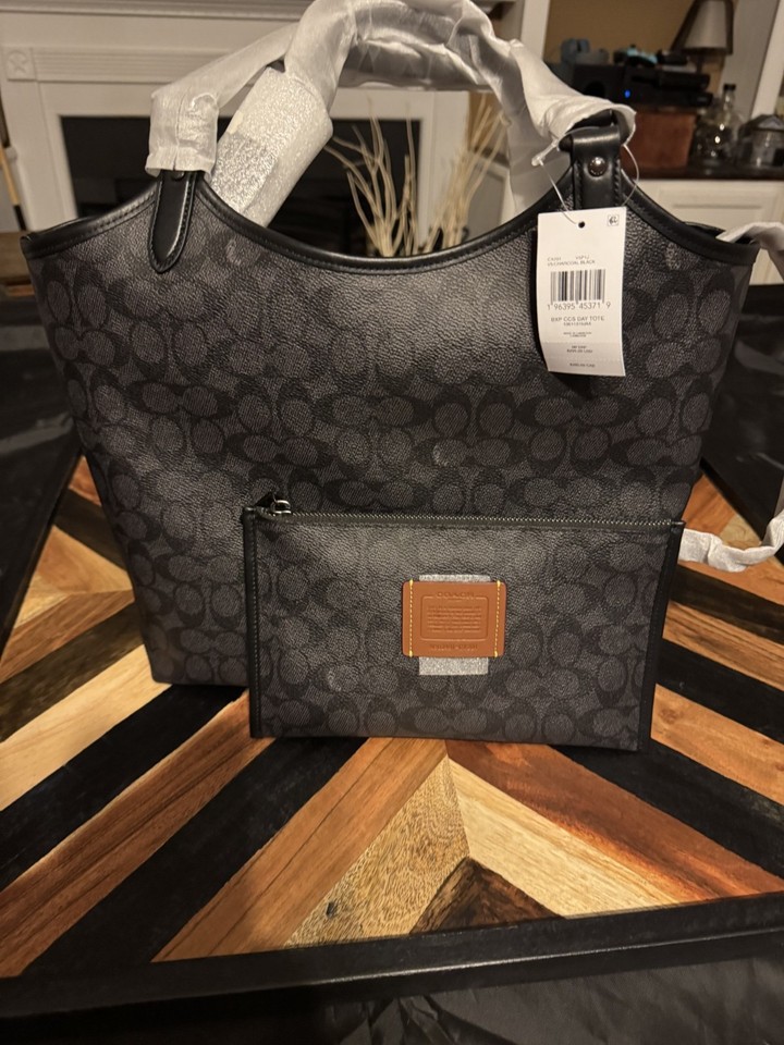 Coach Day Tote Bag Signature Canvas + Removable Zip Pouch Charcoal ...