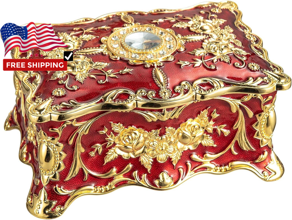 Vintage Trinket Jewelry Box Rings Earrings Treasure Case Organizer ...