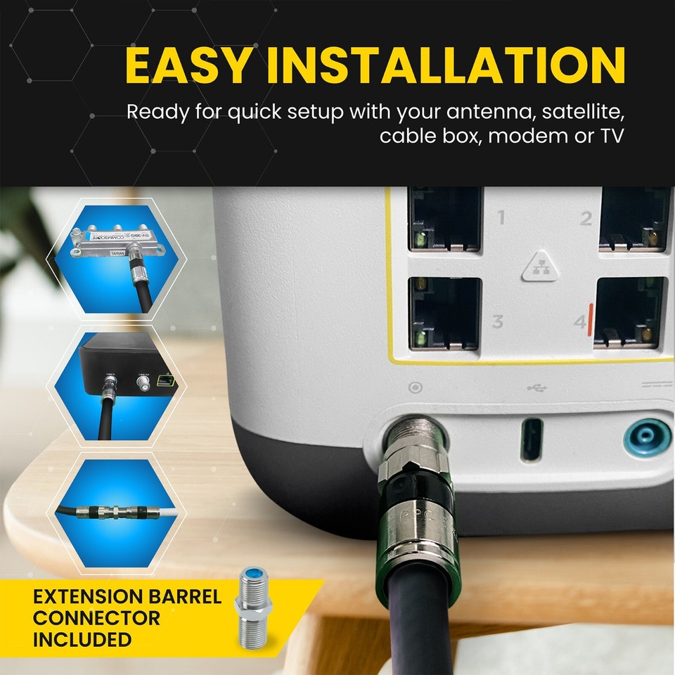 Black RG6 Coaxial Cable for Internet, HD TV, Satellite, Antenna with ...