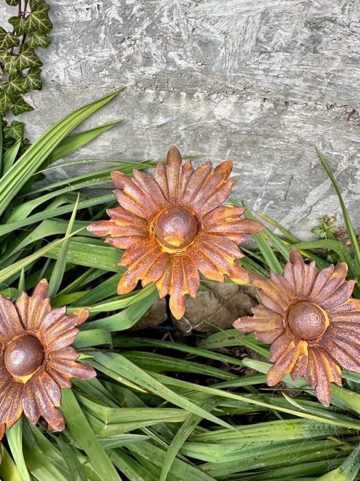 Rusty Flowers Set of 3, Metal Garden Decor, 3 Garden Stakes with Rusty ...