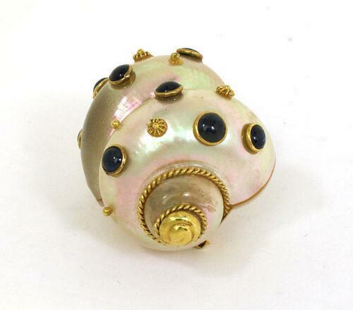 Designer Signed 5.00ct Sapphire 18k Yellow Gold Sea Snail Shell Pin ...