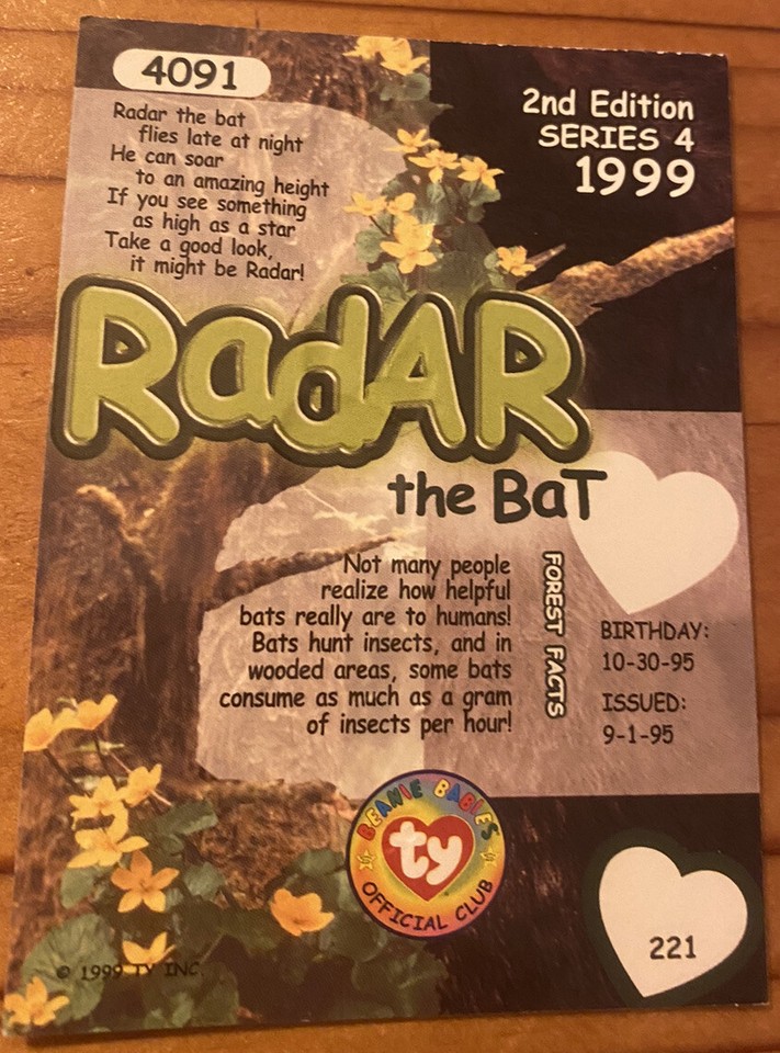 1999 Radar the Bat 221 Series 4 2nd Edition TY Beanie Baby Trading Card ...
