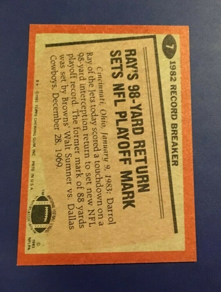 1983 Topps # 7 DARROL RAY 98 Yard INT TD Record Breaker 1982 New York ...