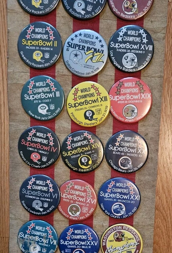 NFL Super Bowl Champions Pin/Button Collection W/ Official Banner, 24 ...