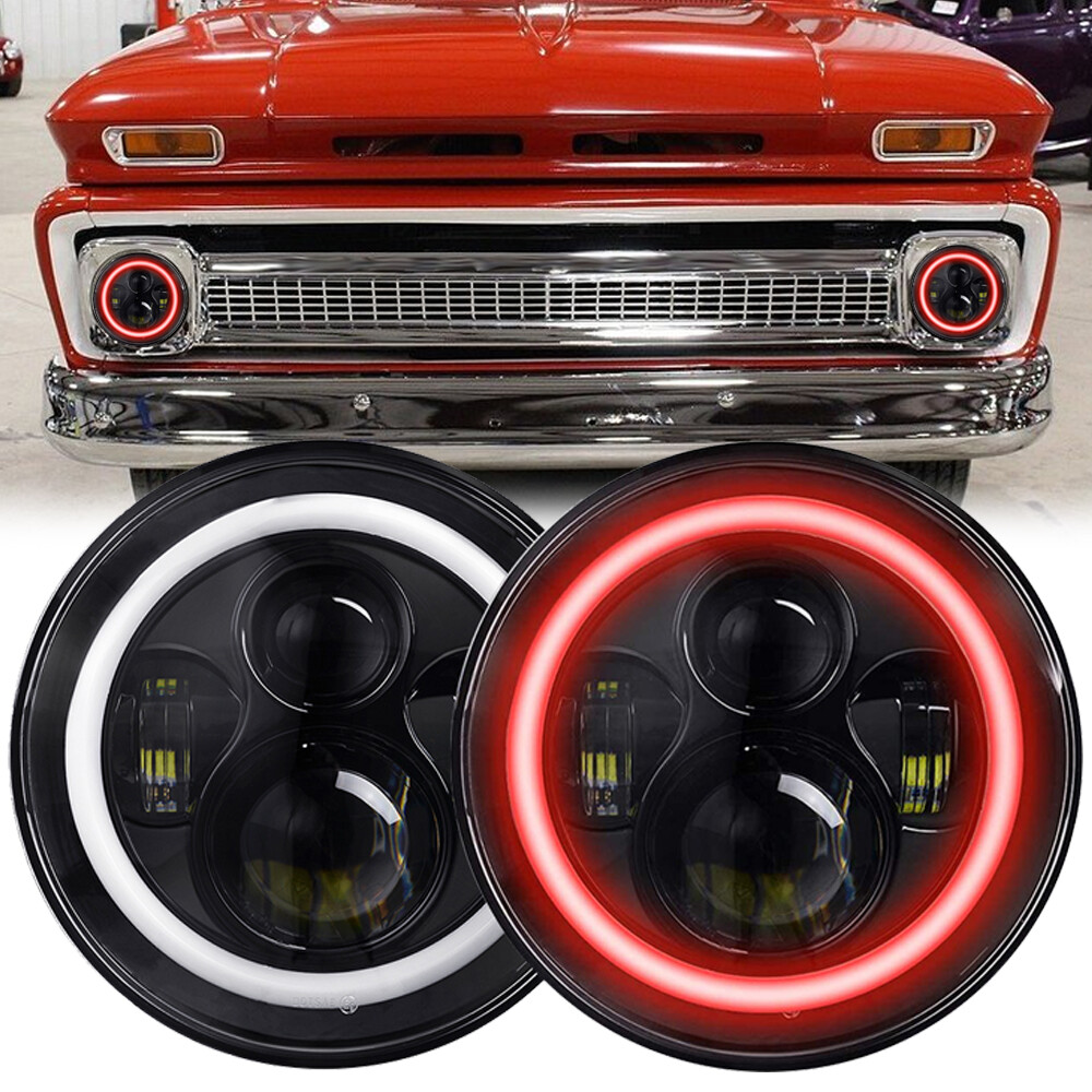 Pair 7" Round LED Headlights Red DRL Amber Halo for Chevy C10 C20 ...