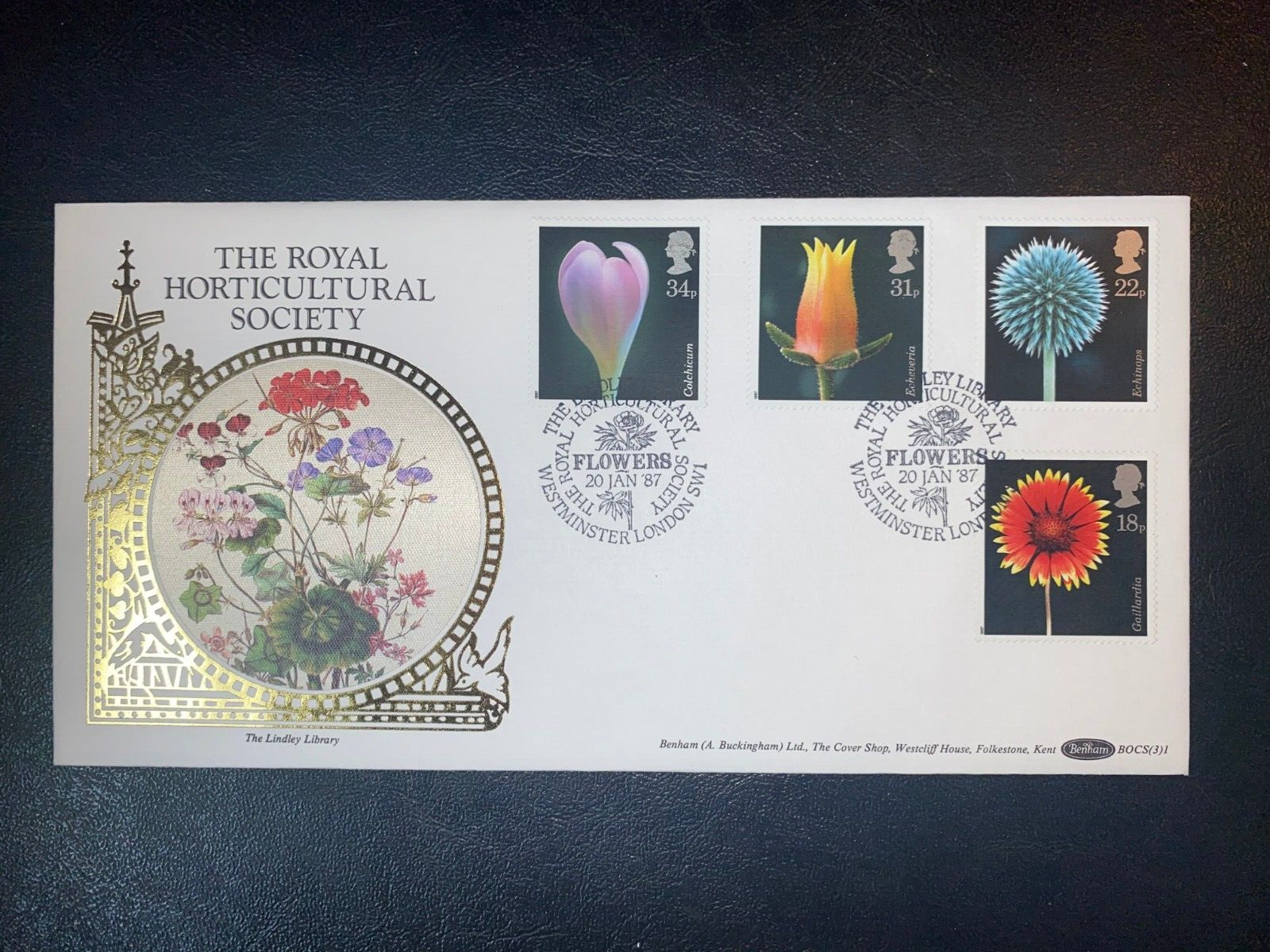 1987 FLOWERS BENHAM BOCS(3)1/RHS FDC & THE LINDLEY LIBRARY, SW1 SHS CV ...
