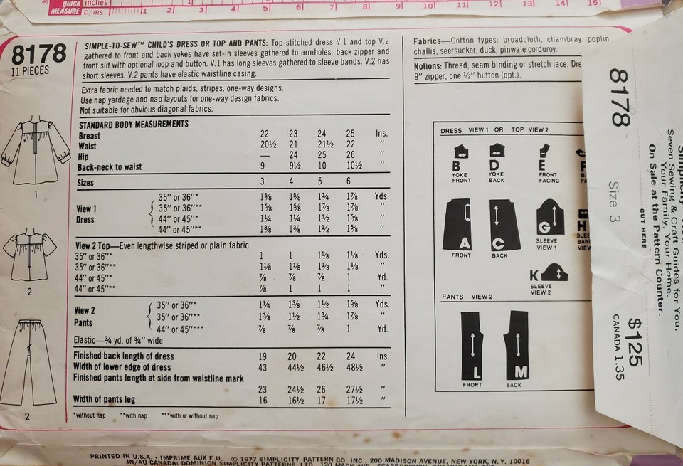 Vtg Simplicity simple-to-sew pattern 8178 Girls' Dress or Top and Pants ...