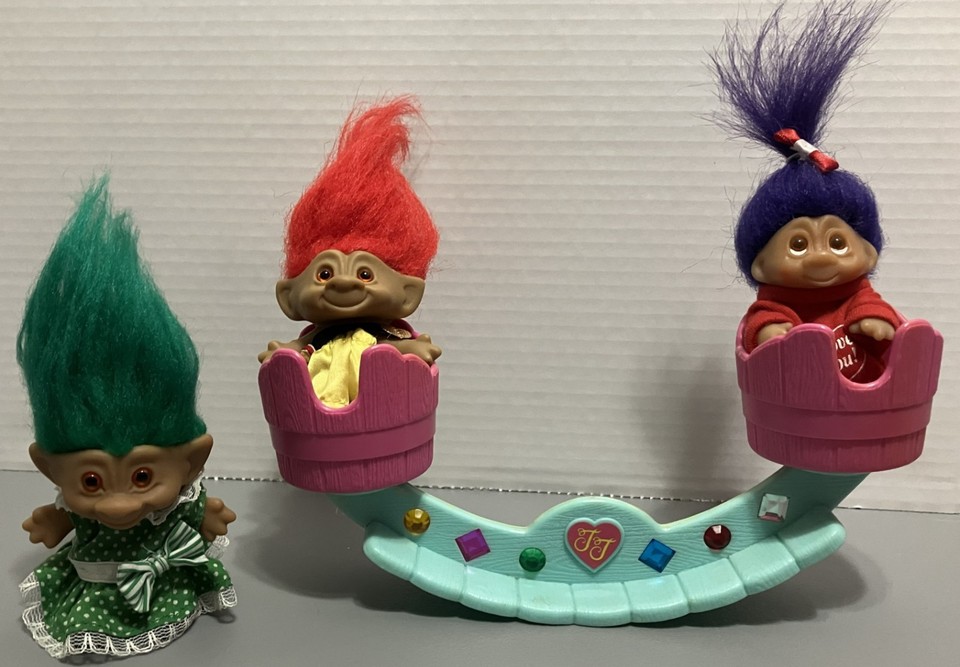 Lot of 14 vintage TROLL figures in cute outfits plus a teeter totter ...