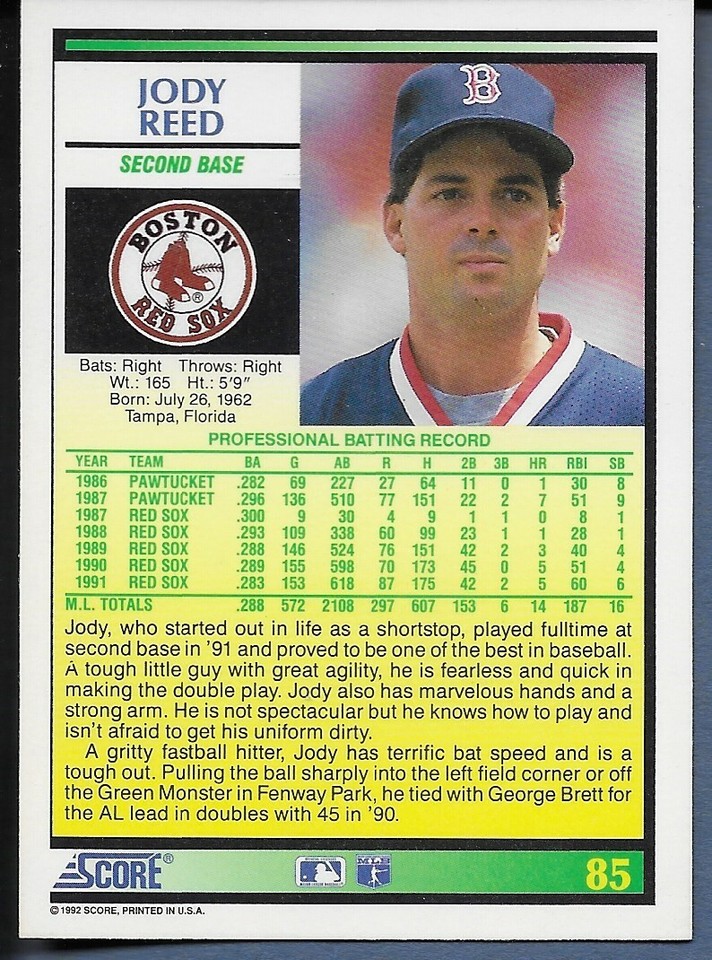 1992 Score #85 Jody Reed Red Sox NM | eBay