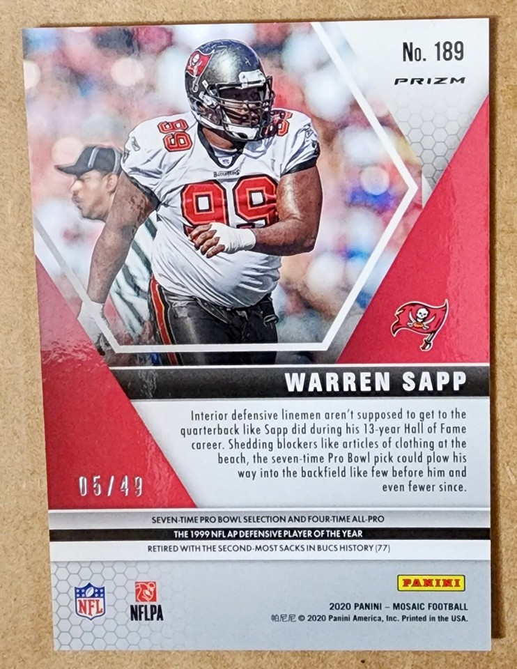 2020 Panini Mosaic Purple #189 Warren Sapp Tampa Bay Buccaneers 05/49 ...