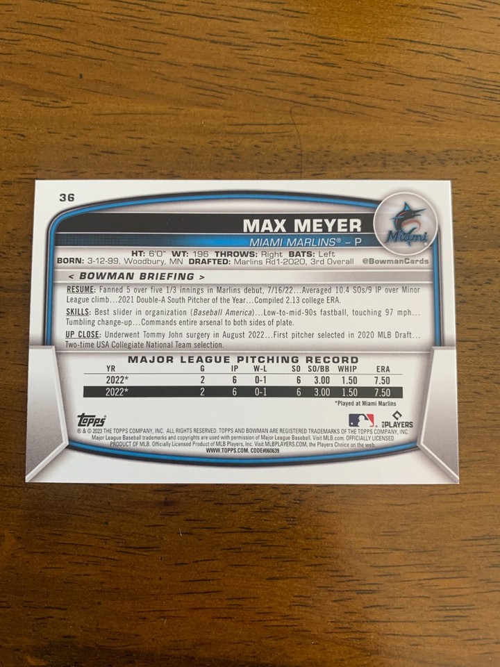 Max Meyer 2023 Bowman Rookie Card #36 Miami Marlins Baseball Card | eBay