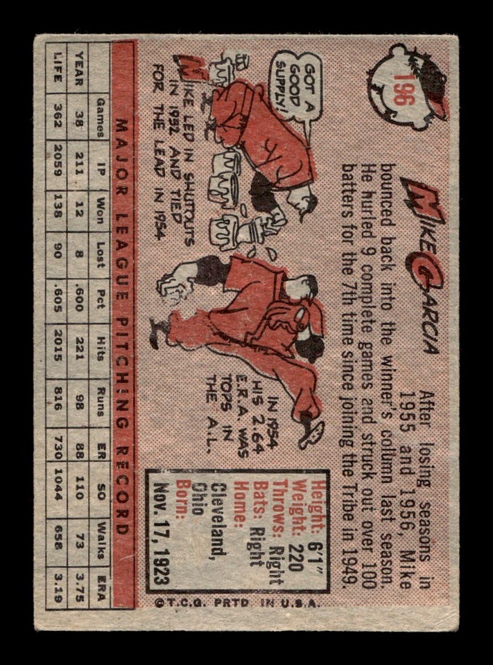 1958 Topps #196 Mike Garcia Indians VG *8m | eBay