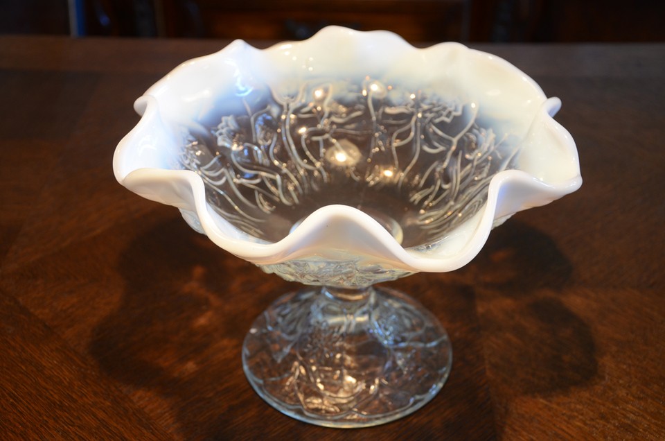 Vintage Fenton Clear Milk Glass Compote Glassware Opalescent Candy Dish ...