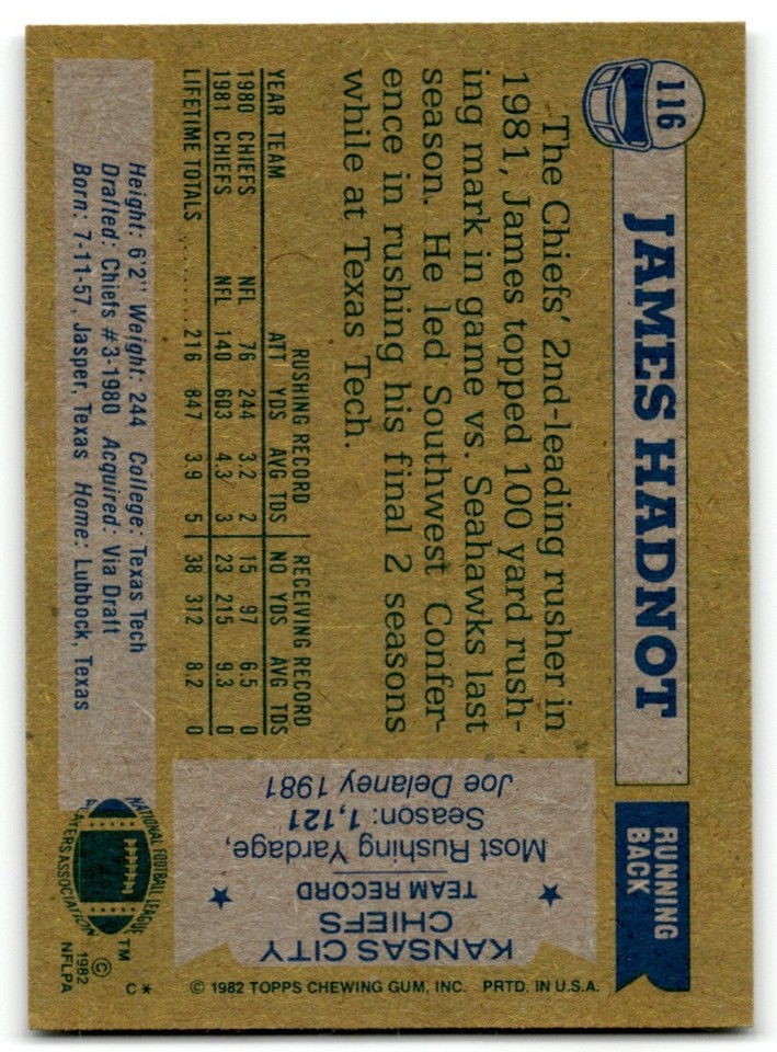 1982 Topps James Hadnot Rookie Kansas City Chiefs #116 | eBay