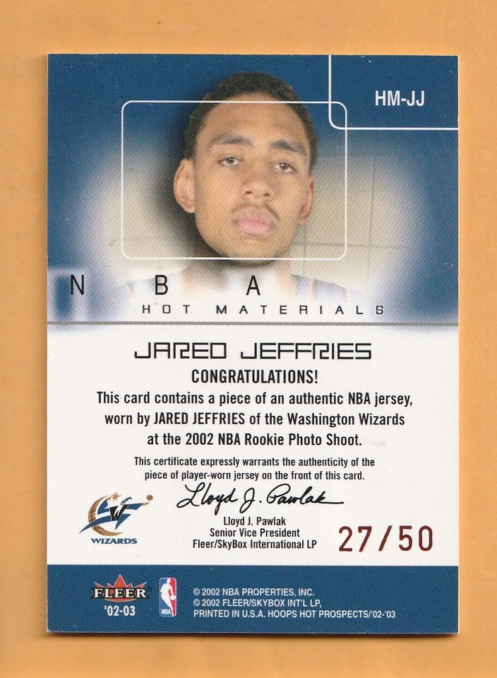 Jared Jeffries 2002-03 Hoops Hot Prospects Red Hot Materials #39 /50 ...