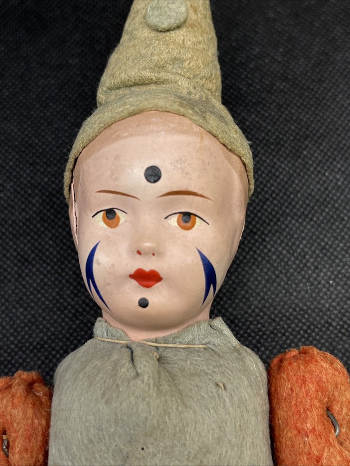 Antique Celluloid? Head Jester Clown Rattle Doll cloth felt straw body ...