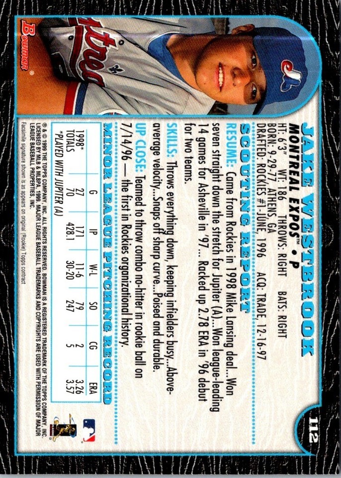 1999 Bowman Jake Westbrook #112 Montreal Expos Baseball Card | eBay