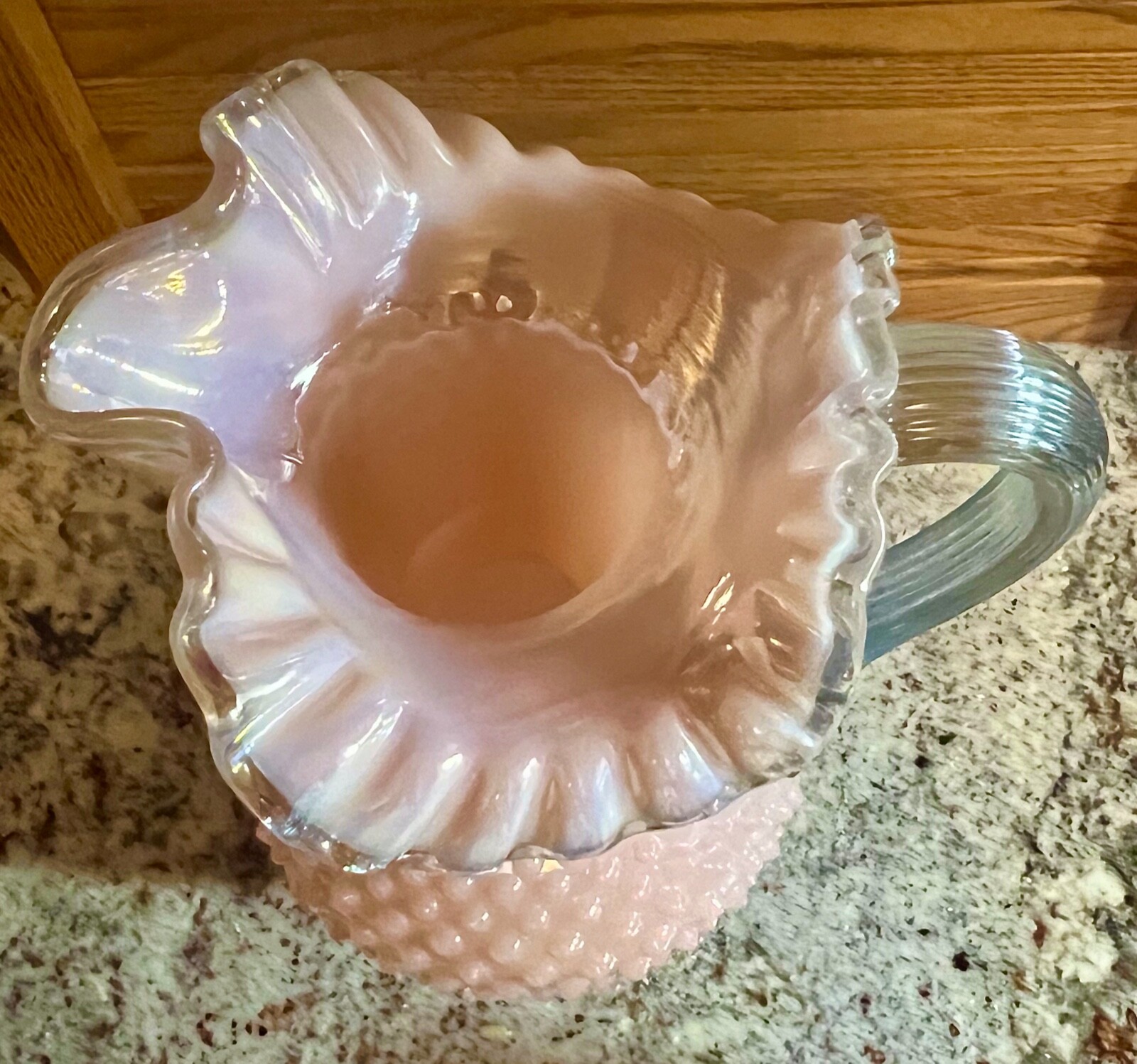 Fenton*HOBNAIL CHAMPAGNE PINK OPALESCENT W/LIGHT BLUE HANDLE/CREST ...