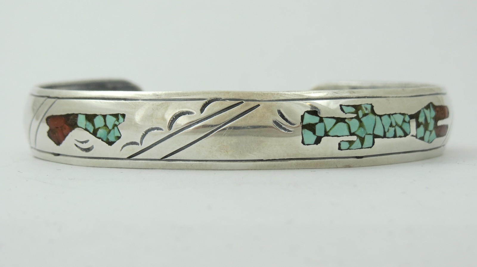 Nezzie Signed Sterling Turquoise & Coral Inlay Dancer Cuff Bracelet ...