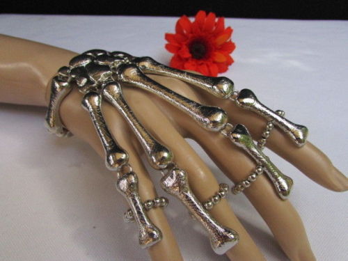 Women Silver Long Fingers Metal Hand Chain Skeleton Skull Bones Elastic ...