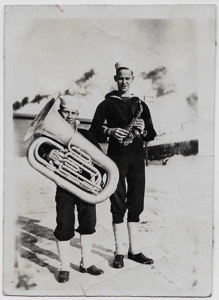 OLD PHOTO 2 US SAILORS ONE PLAYING BARITONE HORN ONE PLAYING SAXOPHONE ...