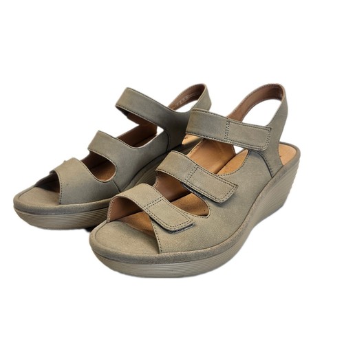 Clarks Wedge Sandals Reedly Juno Adjustable Cushion Grey Olive Green ...