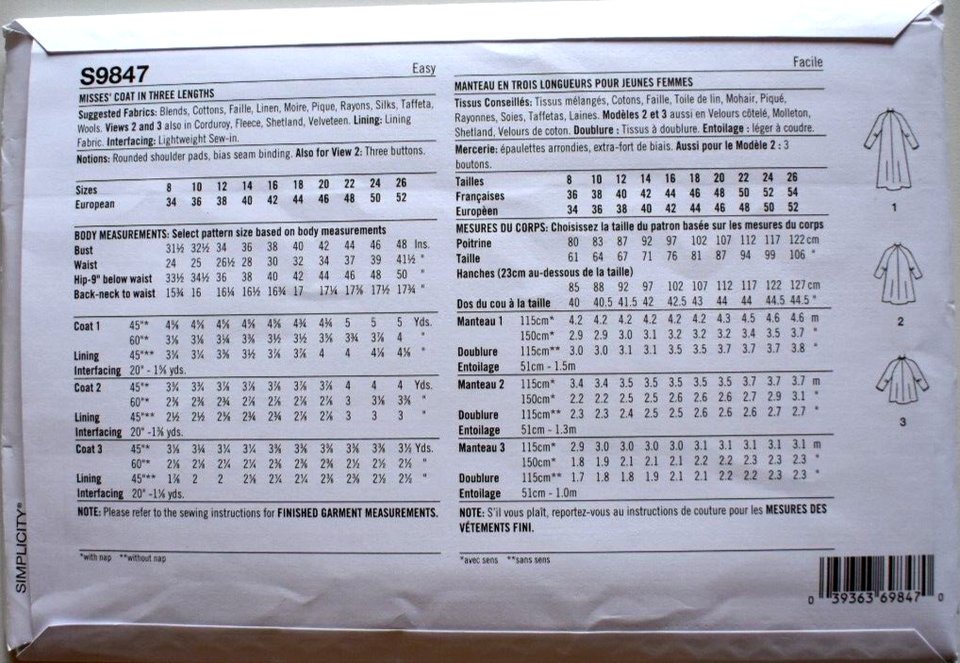 SIMPLICITY PATTERN 9847 COATS RETRO 50S MISSES SIZES 18 20 22 24 26 NEW ...