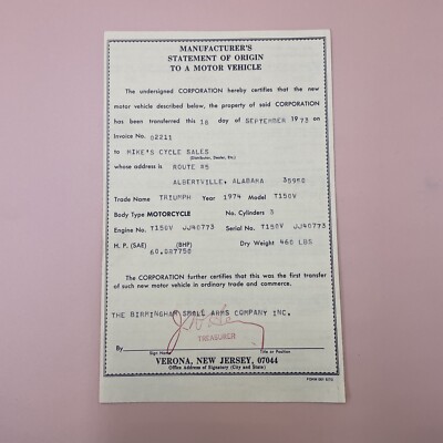 TRIUMPH T150V MANUFACTURER'S STATEMENT OF ORIGIN MSO DOCUMENT TRIDENT ...