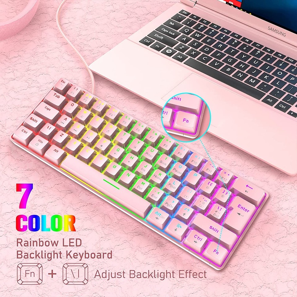 ZIYOULANG T60 Cute Pink Mechanical Keyboard Blue Switch White LED ...