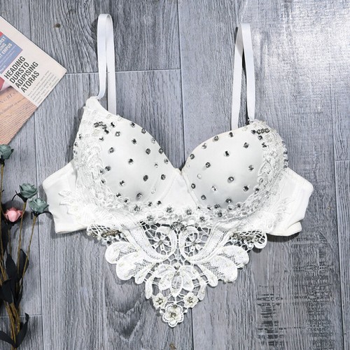 Ladies Shiny Crystal Rhinestone Lace Bustier Bra Bralette Corset Crop ...