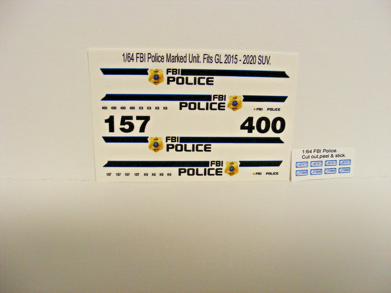 FBI Marked Unit Police 1:64 Water Slide Decals Fits 2015 - 2020 SUV New ...