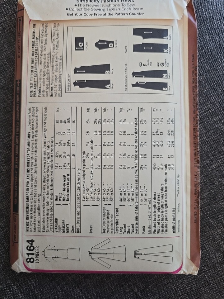 Simplicity Misses Tabard Pants Top Dress Sewing Pattern sz 12 8164 ...