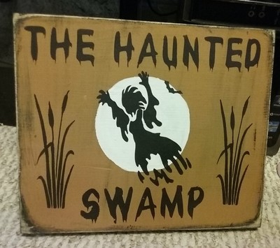Primitive Halloween Sign THE HAUNTED SWAMP Cattails bat Swamp Thing ...