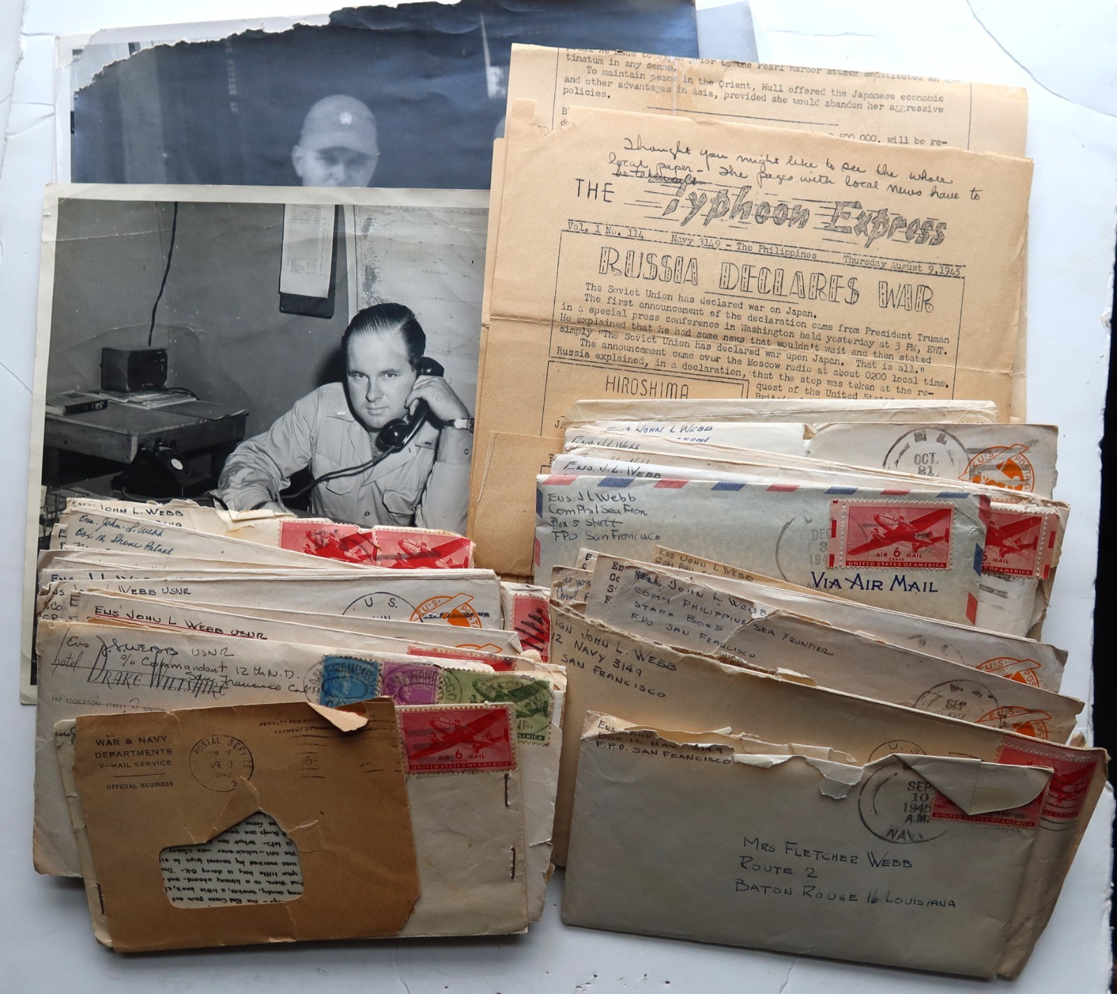 WWII letter, paper and photo lot: Over 50 items, End of War, Atomic ...