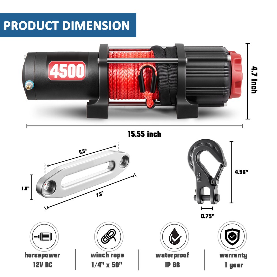 Electric Winch 4500LBS 12V DC Synthetic Rope Towing Truck Ideal For UTV ...
