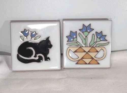 Vintage Family Tiles Ceramic Decorative Tiles Cat & Blue Flowers In ...