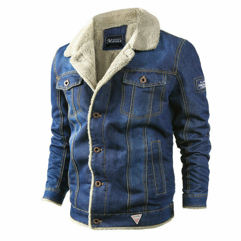 Mens Trucker Denim Jacket Fur Lapel Collar Fleece Lined Winter Warm ...