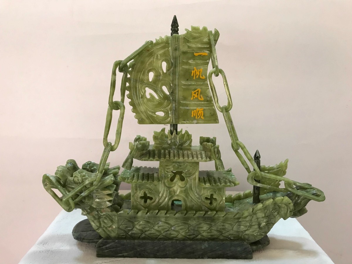 Jade Dragon Boat Large Spinach Green Jade Dragon Boat With Large Sail