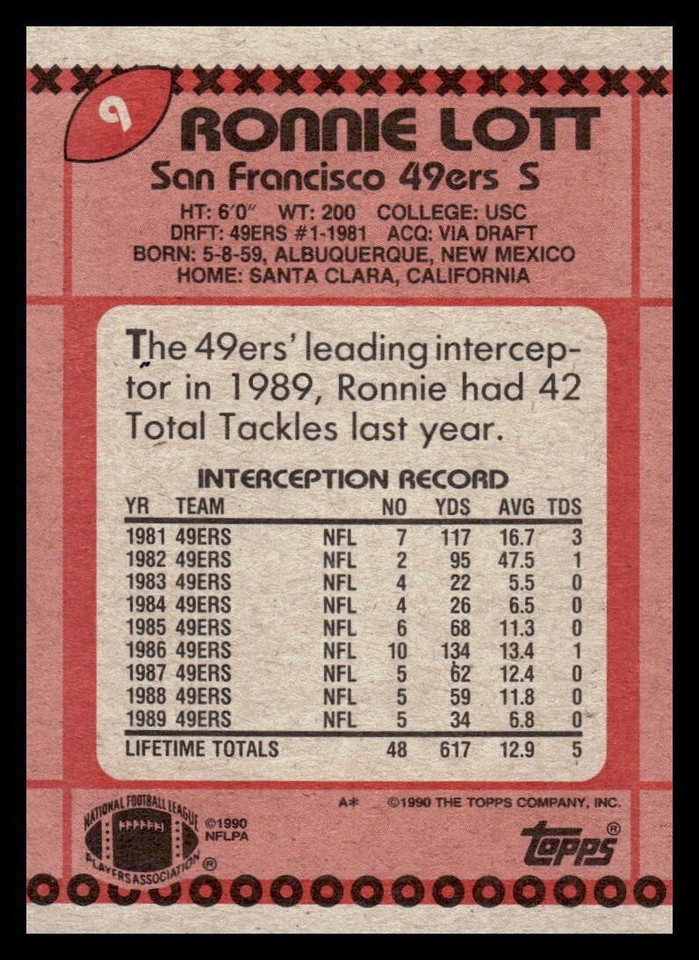 1990 TOPPS NFL Football Trading Card #9 🏈 RONNIE LOTT, San Francisco ...