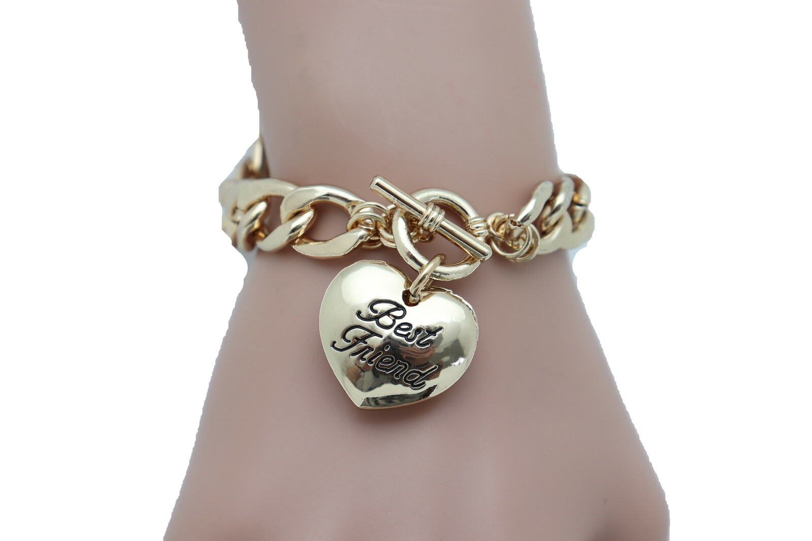 Women Love Bangle Bracelet Gold Metal Chunky Chain Links Heart Charm ...